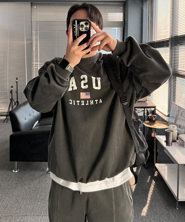 [기모선택] [M~4XL] 남자 피그먼트 오버핏 빅사이즈 USA 맨투맨 4color - 에이블리