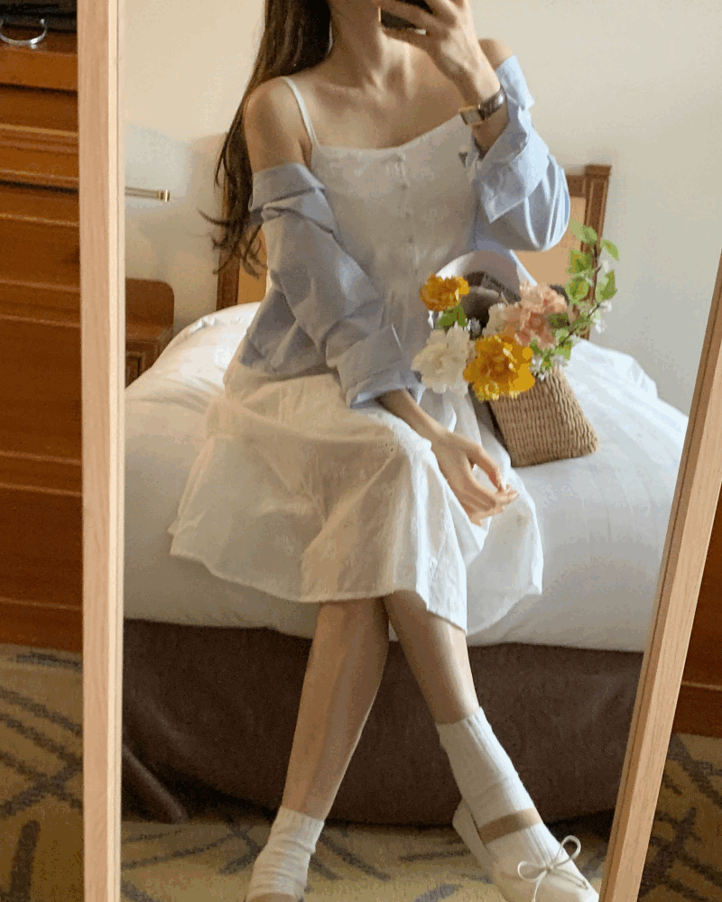 안감o 여리여리 휴양지룩 빛나펀칭원피스 레이어드치마 여름 끈나시 휴양지룩 휴가 데이트룩 에이블리