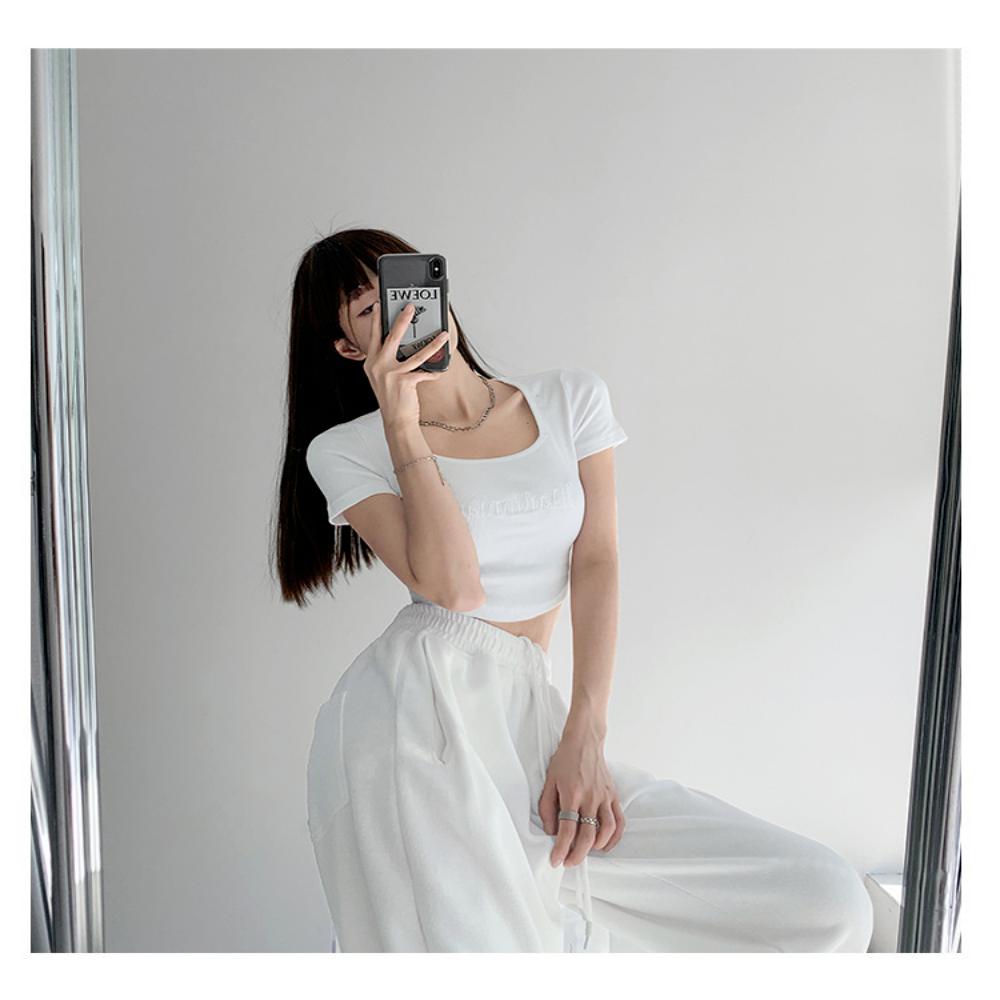 하이웨이스트 스퀘어 넥 탑 반팔 티셔츠(2color) / beambeam - 에이블리