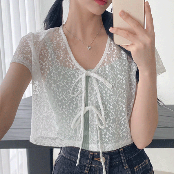 안개꽃레이스볼레로CD(2c) 시스루볼레로 레이스가디건 리본가디건 숏가디건 크롭가디건 레이어드 반팔가디건 - 에이블리