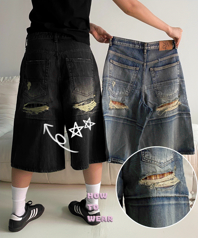 [여름버뮤다,MD픽]빈티지체크데미지버뮤다팬츠(2c) - 에이블리