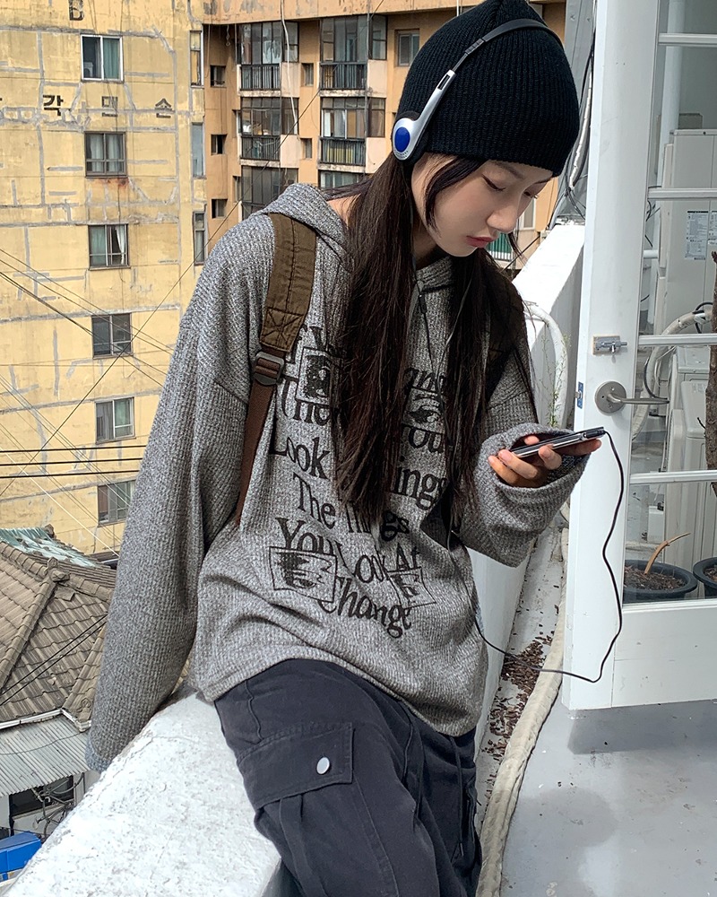 체인지 골지 프린팅 박시 후드 티셔츠 - 에이블리