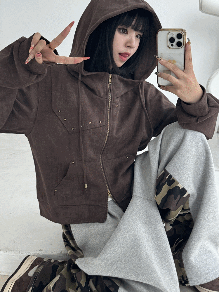 ★10/29 출고예정★y2k 더 리벳 징스 포인트 힙 하이넥 빅 후디 후드 집업(3color/3-5일 여유주문) - 에이블리