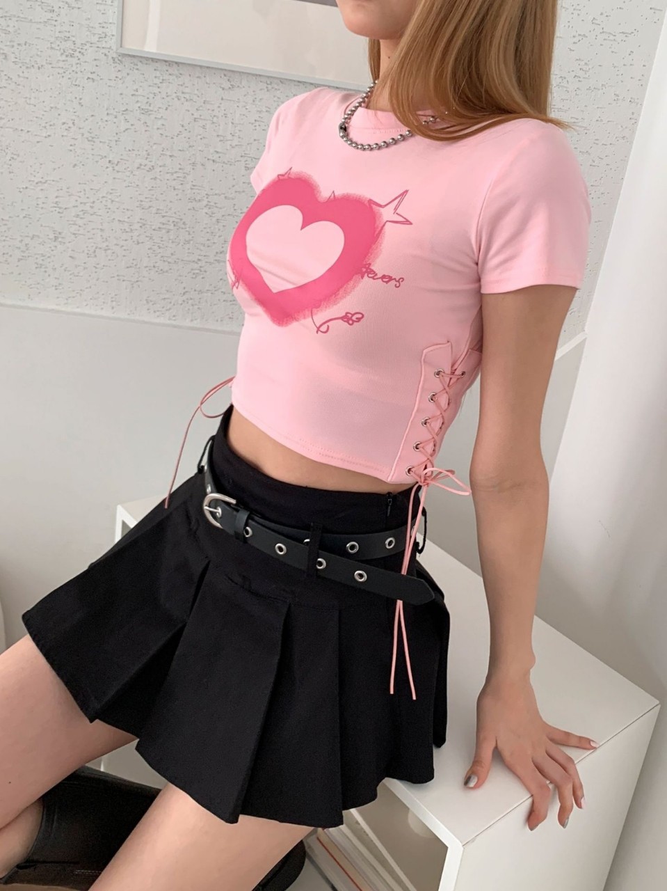 [4col/코르셋/핏보장/댄서복/키치키치/꾸안꾸/스우파/하이틴/Y2K/발레코어룩/크롭티/유니크/빈티지/교복템/아일렛/큐티글램/내맘을받아라] 하트T - 에이블리