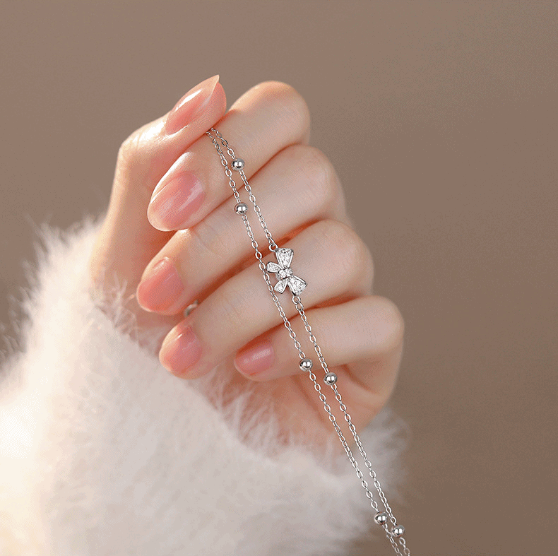 당일출고 큐빅리본 레이어드 팔찌 우정 커플 써지컬 소원 각인 실 은 실버 비즈 원석 팔찌 생일 선물 커플템 우정템 가을 겨울 하객룩 Br 024 에이블리