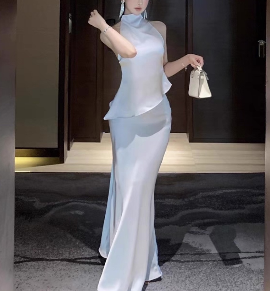 2color 실키 투피스 셋업 백 리스 탑 언발 실키 탑 새틴 홀터넥 탑 실키 롱 스커트 타이 민소매 블라우스 섹시 투피스 글램 투피스 파티룩 휴양지 투피스 고급스러운