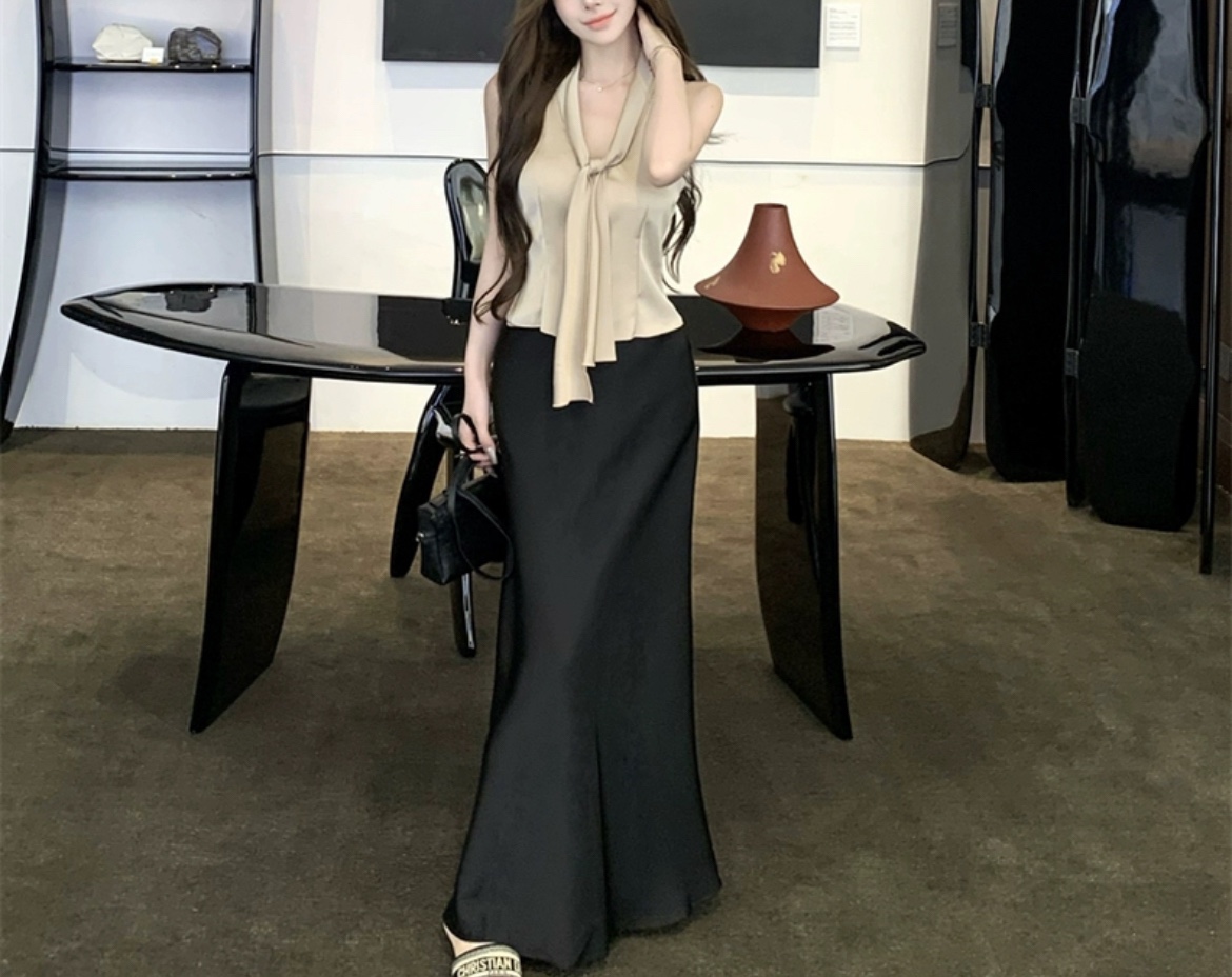 2color 실키 투피스 셋업 실키 타이 민소매 실키 롱 스커트 투피스 세트 실키 민소매 머메이드 롱 스커트 타이 민소매 블라우스 섹시 투피스 글램 투피스 실키 투피스