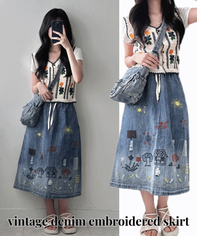 당일💕 44 88 모리 포근 그라데이션 데님 자수 허리밴딩 롱 청 데님 스커트 학생 대학생 데일리 데이트 캐주얼 캠퍼스 직장인 여행 수학여행 졸업 개강 방학 여신 공주 증사