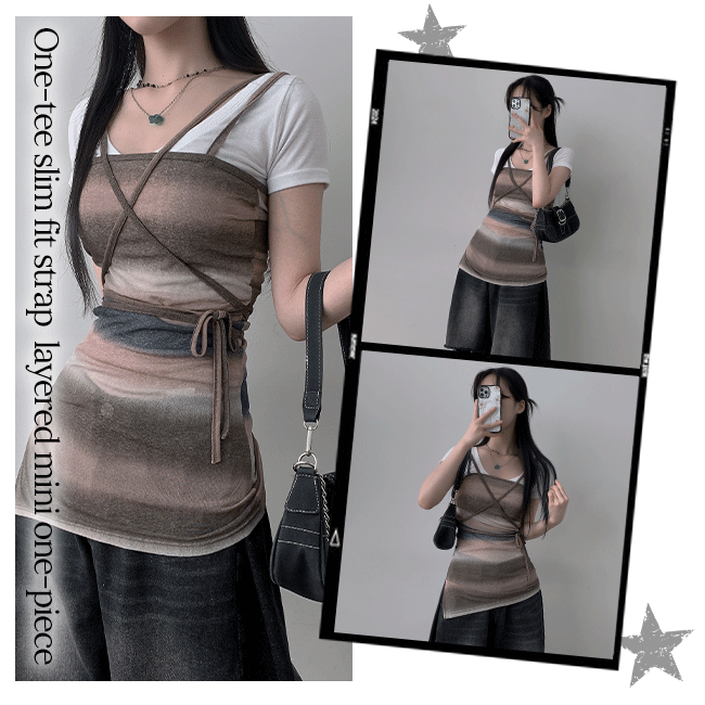 [y2k/유니크힙/휴가룩] 원티 스트랩 그라데이션 레이어드 미니 원피스 (3color) - 에이블리