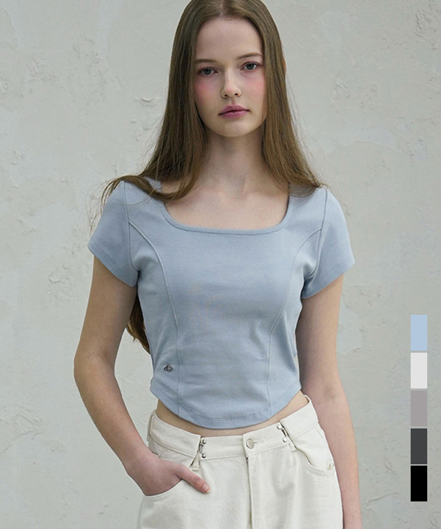 Neuel Square Neck Line Crop T-Shirt - 5COL - 에이블리