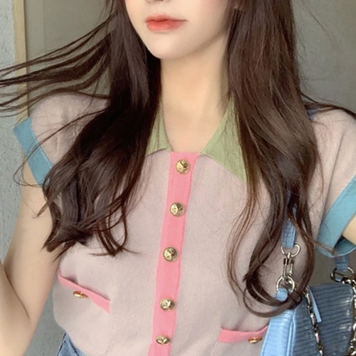 작은 향기로운 바람 짧은 탑 여성 반팔 얇은 섹션 여름 2022 새로운 슬림하고 슬림 폴로 칼라 얼음 실크 스웨터 에이블리