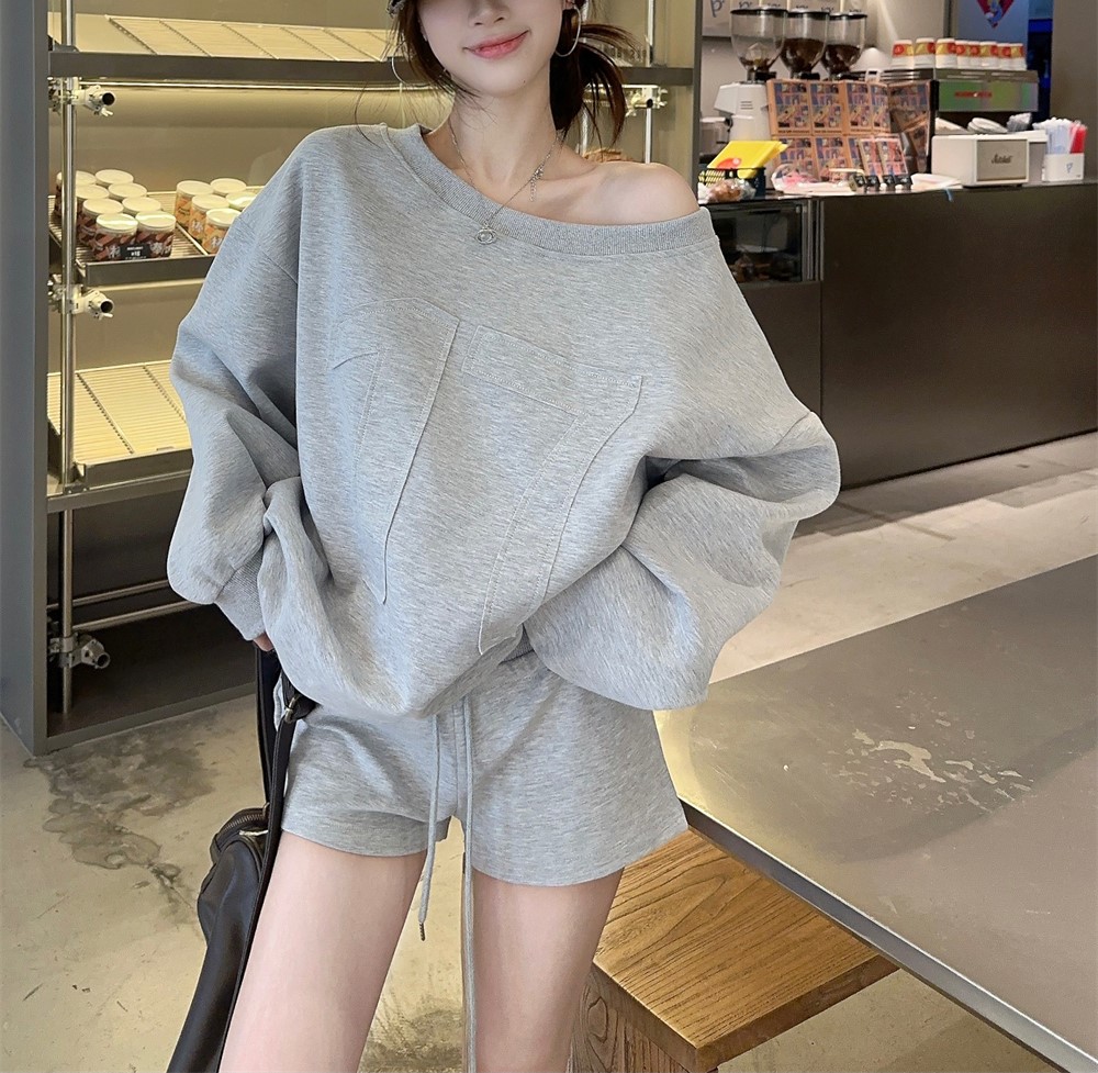 투피스가을코디 캐주얼 넘버 디자인 루즈핏 긴팔 스웨터 셔츠 하이웨이스트 슬리밍 와이드레그 숏 팬츠 투피스 세트 양말