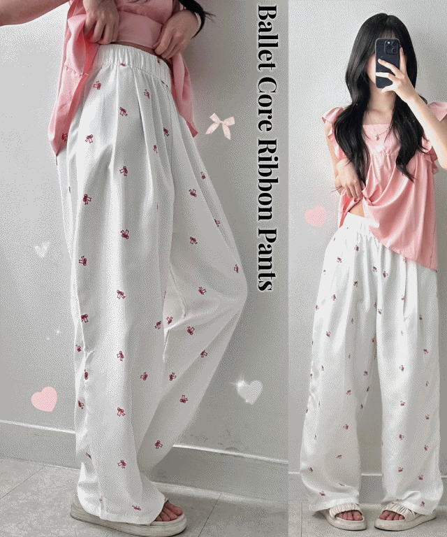 리본발레코어💕🎀 리본 발레코어 러블리 와이드 밴딩 팬츠 학생 대학생 데일리 데이트 캐주얼 캠퍼스 직장인 여행 수학여행 졸업 개강 방학 여신 모리 증사 졸사 에이블리
