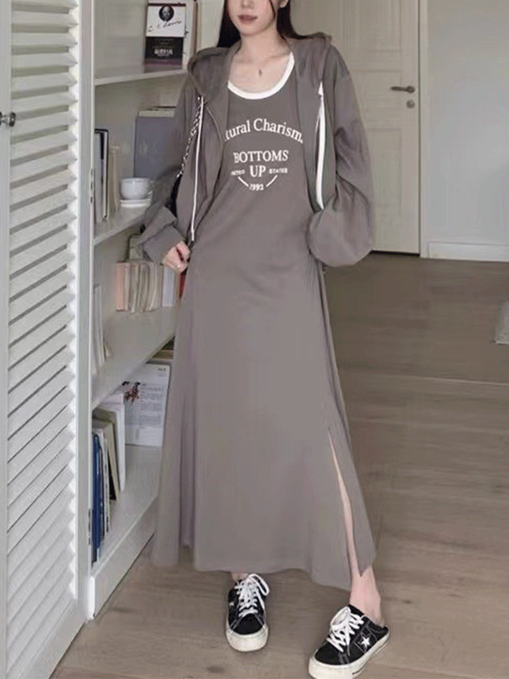 민소매 롱원피스+ 후드집업 투피스 세트/빅사이즈/M~5XL(40~150)KG/COLOR브라운,딥그레이/A60202 - 에이블리