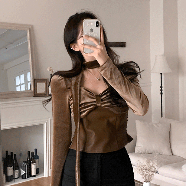 [브라운 당일발송] 리어 벨벳리본 Blouse 머플러set 에이블리
