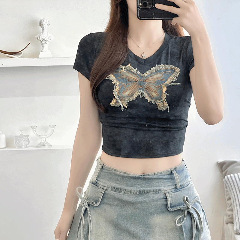 [Y2K/유니크스타일!] 히피 데님 나비 패치 나염 셔링 반팔티셔츠 3color - 에이블리