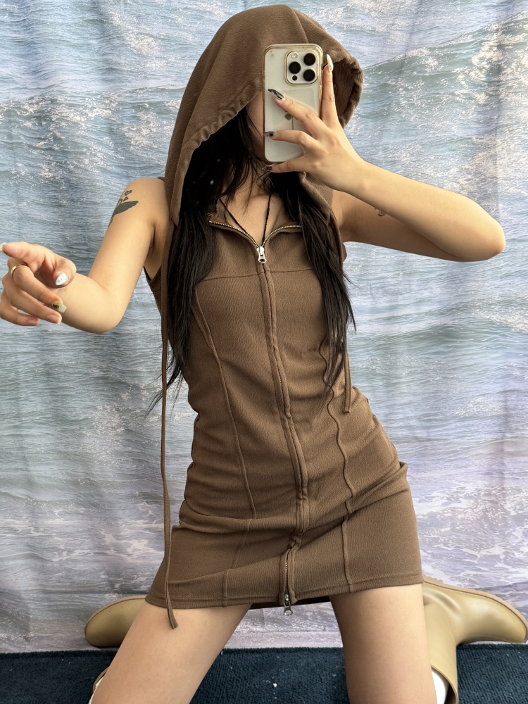 y2k 더 빅 후디 후드 슬림 지퍼 포인트 핀턱 라인 니트 집업 원피스(3color) - 에이블리