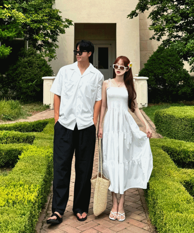 초초특가 2컬러쿨소재 캉캉 끈 나시 롱원피스 남녀공용 쿨 포켓 셔츠 커플 티셔츠 커플룩 휴양지 데이트 바다 여름 휴가 데일리 스모크 밴딩 원피스 린넨 와이드팬츠 세트