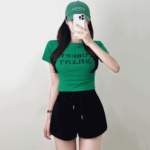 [스판쫀쫀] 여름 라운드넥 크롭 숏 반팔 티셔츠 어깨패드 슬림핏 프린팅티 레터링티 3colors 에이블리