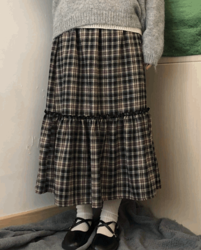 [MD PICK🤎/코디추천] 체크 프릴 밴딩 가을 겨울 롱스커트 2color 버건디, 블랙 - 에이블리