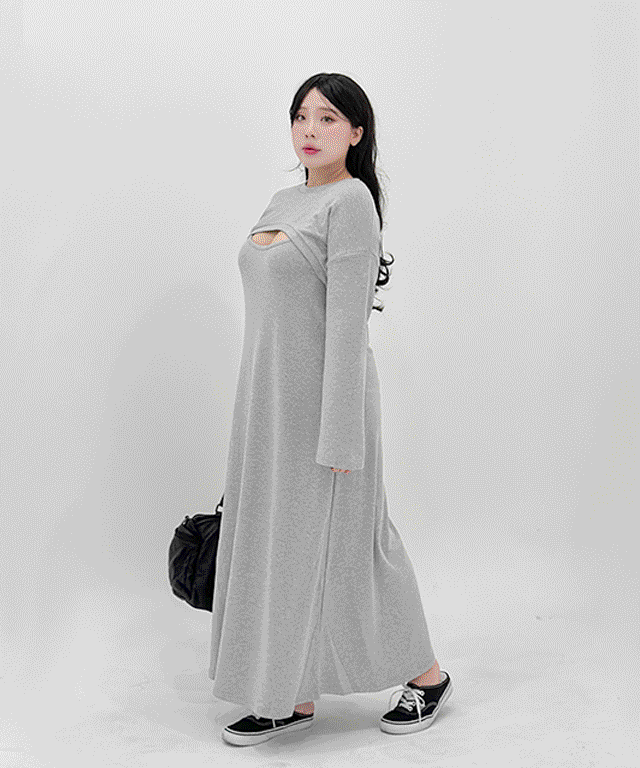 [55~120,빅사이즈] 쥬디 섹시 나시 롱원피스 + 마이크로 크롭 맨투맨 세트 (2colors) - 에이블리