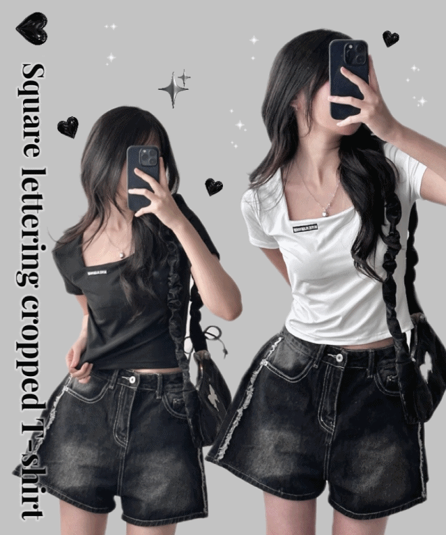 11💕 말라보여요슬림핏 스퀘어넥 레터링 슬림 라인 기본 크롭 티셔츠 학생 대학생 데일리 데이트 캐주얼 캠퍼스 직장인 여행 수학여행 졸업 개강 방학 여신 모리 증사