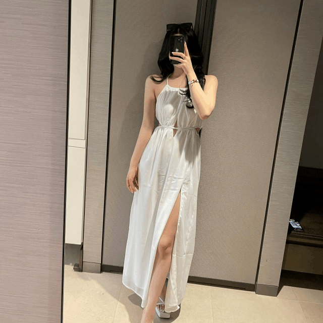 [섹시글램] 홀터넥 트임 나시 롱 해외 바캉스룩 신행 원피스 - 에이블리