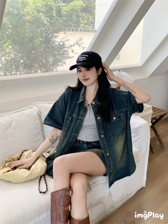 S~3XL 빅사이즈 오버핏 데님 반팔 자켓 + 데님스커트 청치마 코디 투피스 세트 - 에이블리