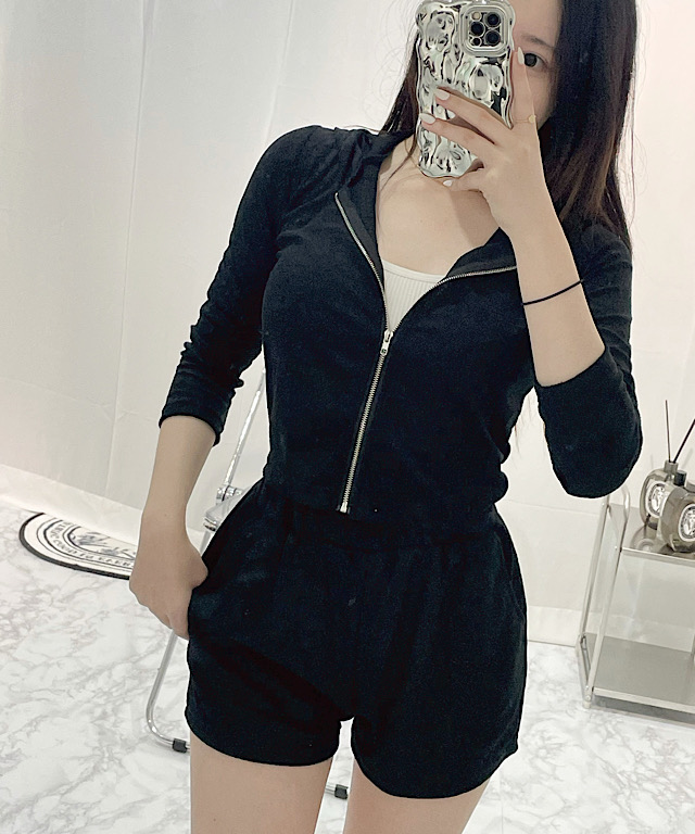 [당일배송] 타월 크롭 후드집업 반바지 여름 트레이닝 세트 - 에이블리