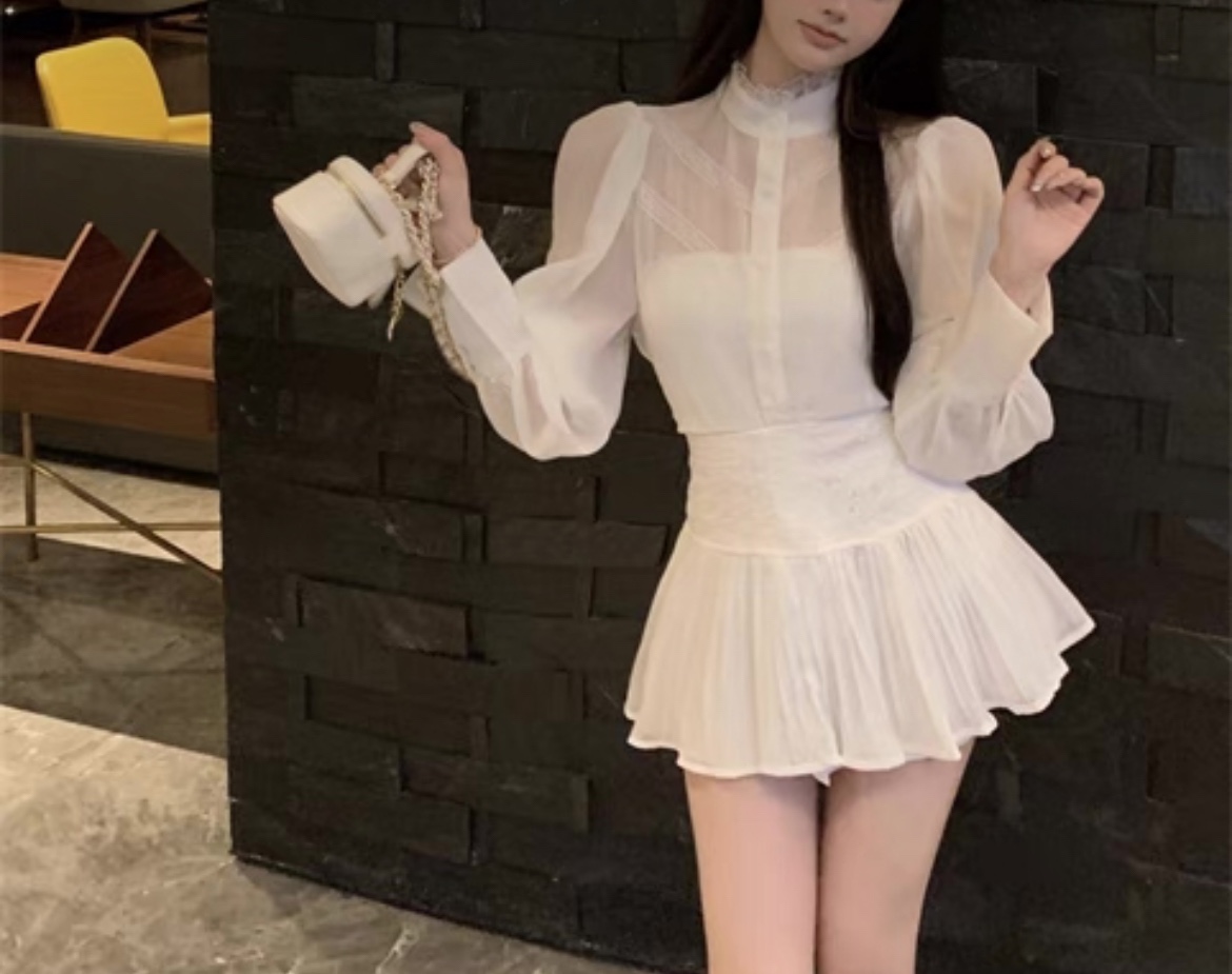 2color 투피스 셋업 시스루 블라우스 플리츠 미니 스커트 투피스 세트 시스루 탑 블라우스 미니 스커트 섹시 투피스 글램 투피스 Bj 여캠 방송 홀복 휴양지 원피스