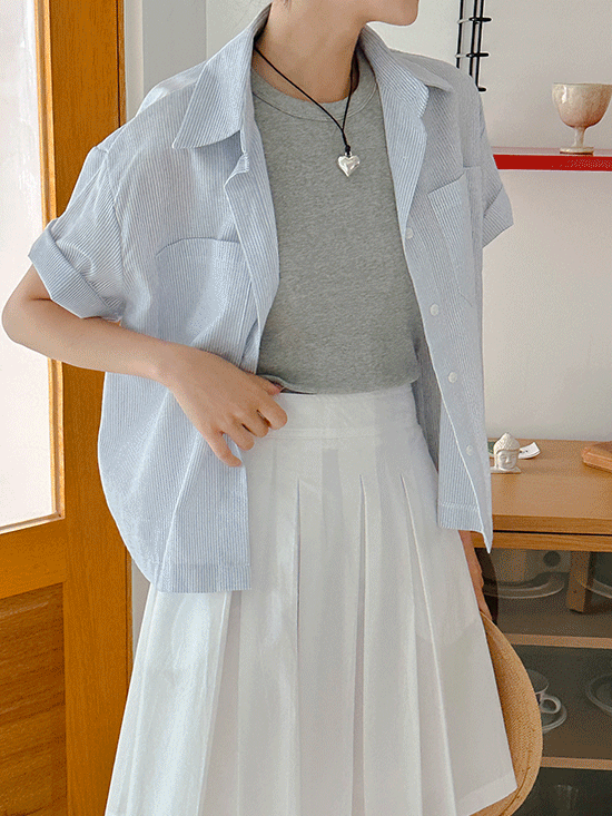 유얼 스트라이프 반팔셔츠 (단가라/린넨) - 에이블리