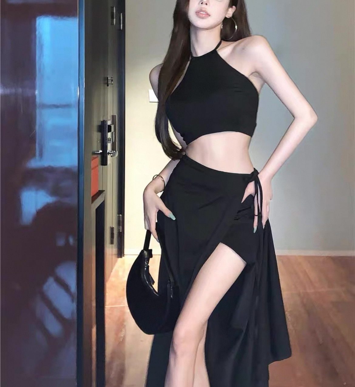 홀터넥 크롭 나시 트임 랩 스커트 투피스 세트 섹시 투피스 글램 투피스 Bj 여캠 방송 홀복 클럽 파티룩 이벤트 페스티벌 크롭 탑 롱 스커트 셋업 에이블리