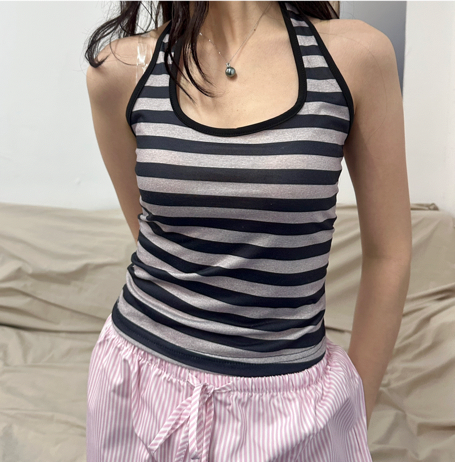 그레이 스트라이프 홀터넥 나시 에이블리