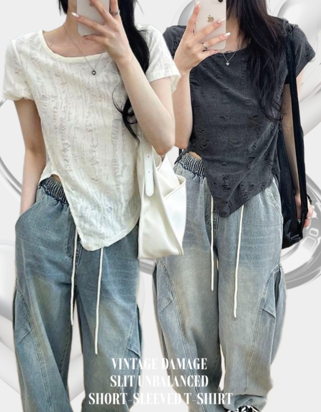 데미지 트임 언발 포인트 반팔티셔츠 슬릿 구제 헤짐포인트 기본기장 허리잘록 Y2K - 에이블리