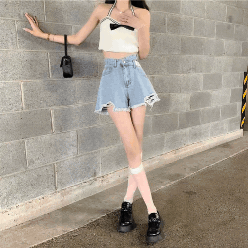 [~5xl 빅사이즈팬츠] 크로스버튼 밑라인 찢어진팬츠 A라인핏 날씬핏 짧은팬츠 에이블리