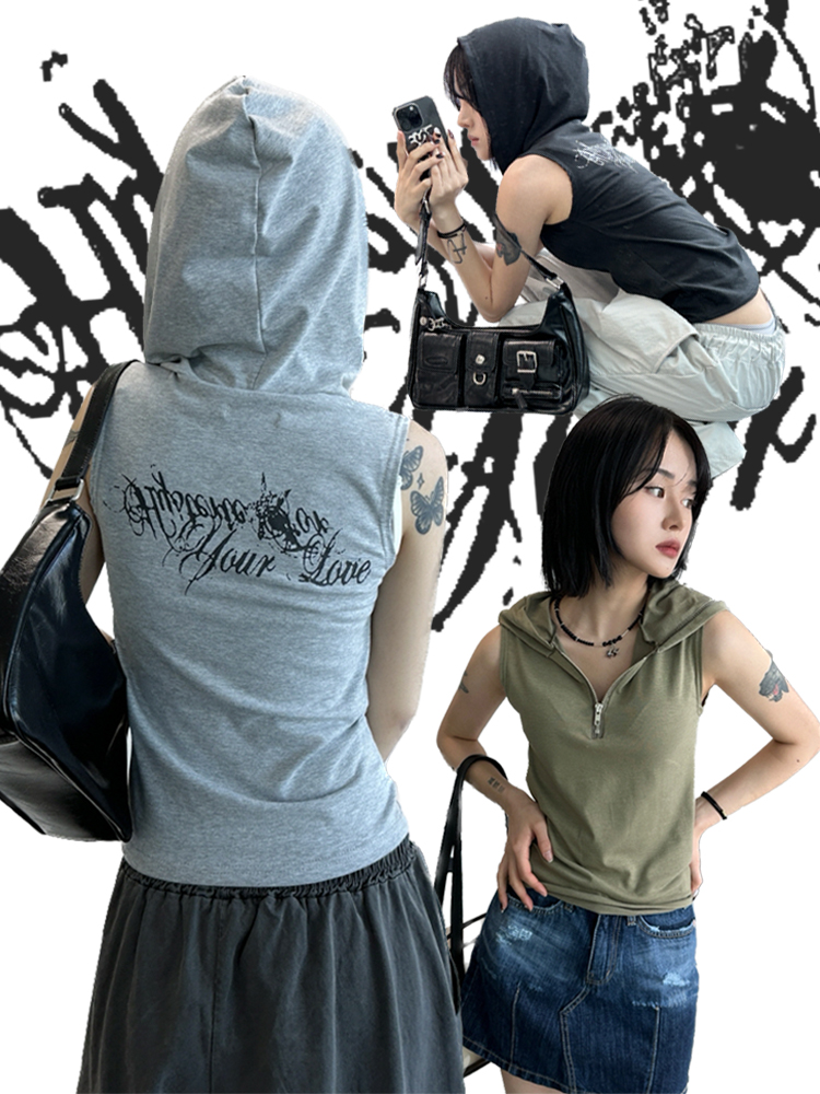 y2k 백 프린팅 후드 크롭 하프 집업 나시(4color) - 에이블리