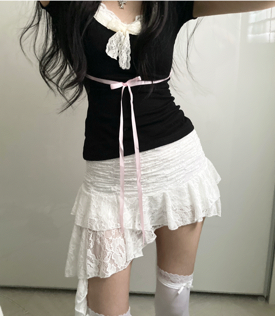 속바지o Y2k 빈티지 언발 프릴 레이스 캉캉 미니스커트 에이블리