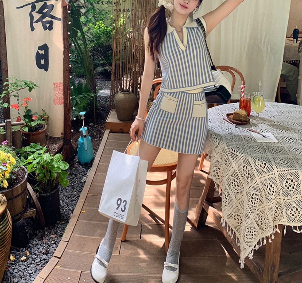 니트 투피스 셋업 카라 니트 민소매 니트 미니 스커트 포켓 미니 스커트 단가라 니트 민소매 니트 스트라이프 니트 스트라이프 스커트 데이트룩 데일리룩 러블리 로맨틱 Bj 여캠