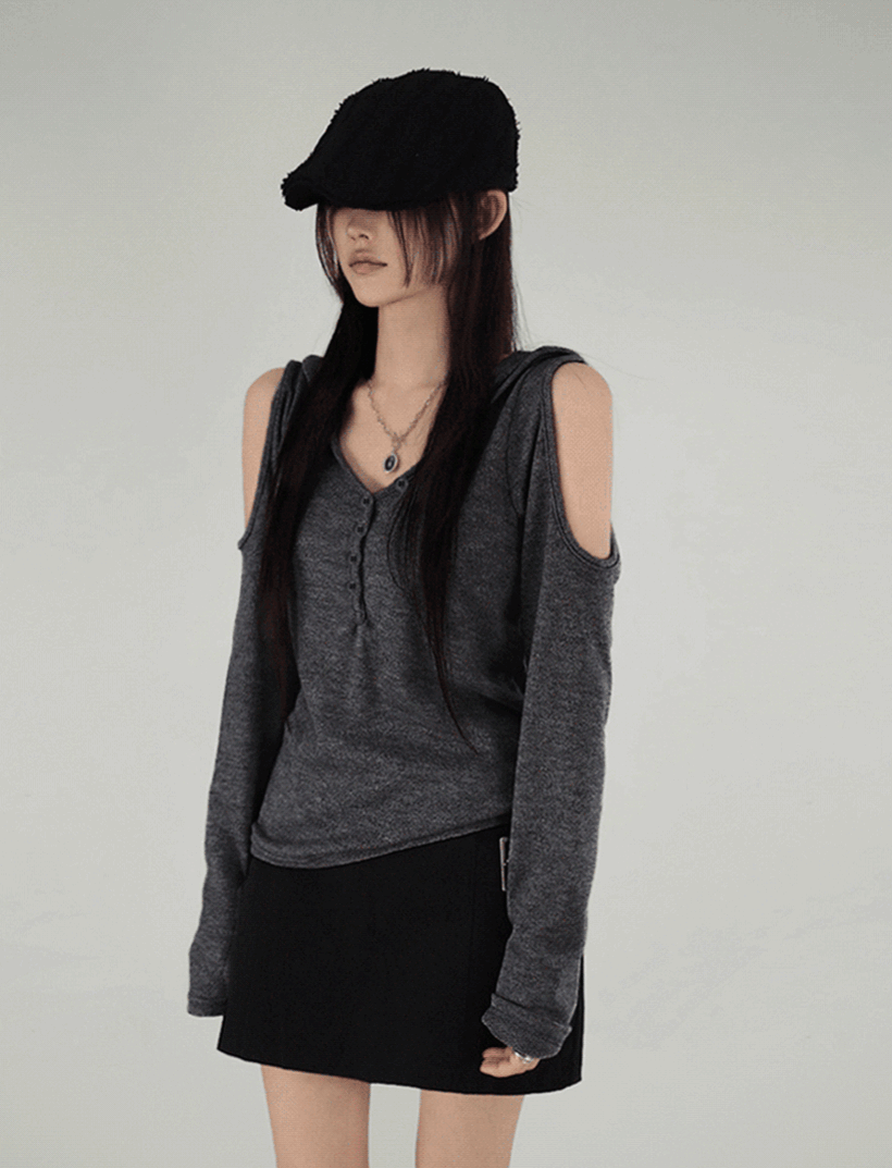 HEATHER SHOULDER SLIT CUT OUT V NECK KNIT HOOD HEATHER SHOULDER SLIT CUT OUT V NECK KNIT HOOD