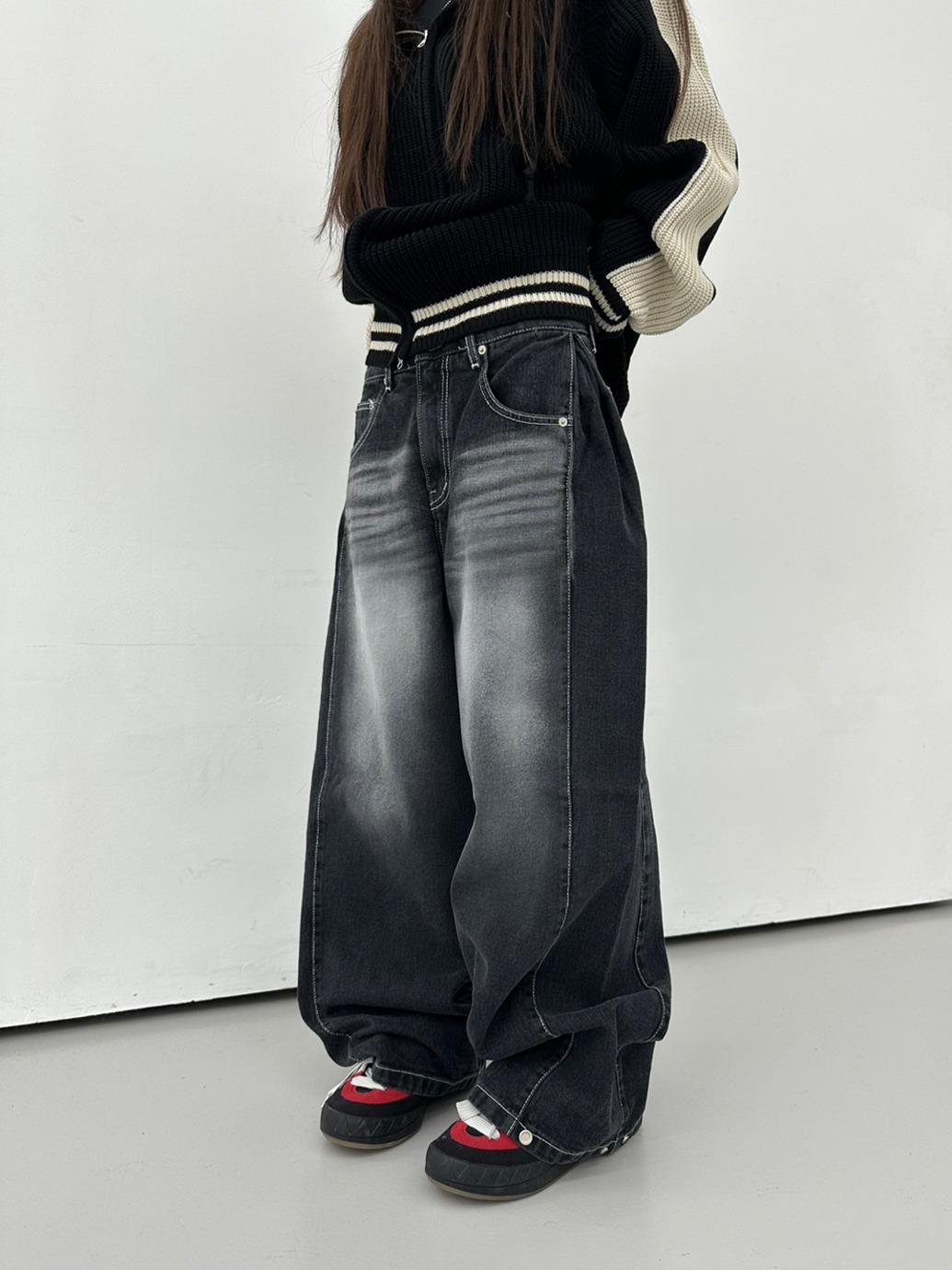 *핏보장* Y2K 와이드 스냅 흑청 데님팬츠 벌룬핏 와이드팬츠 빈티지 워싱 걸스힙합 (3SIZE) - 에이블리