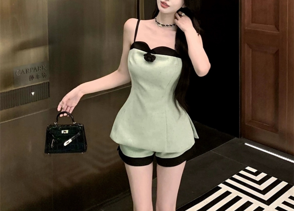 배색 트위드 까멜리아 끈 나시 블라우스 배색 트위드 반바지 투피스 셋업 투피스 세트 트위드 나시 까멜리아 트위드 탑 트위드 숏팬츠 휴양지 투피스 생일 클럽 파티 Bj 여캠