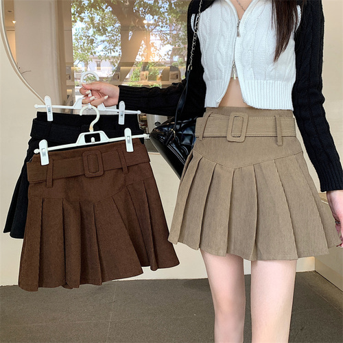 [💗QUEENIA] 코듀로이 골지 플리츠 러블리 프레피룩 벨트 미니스커트 - 에이블리