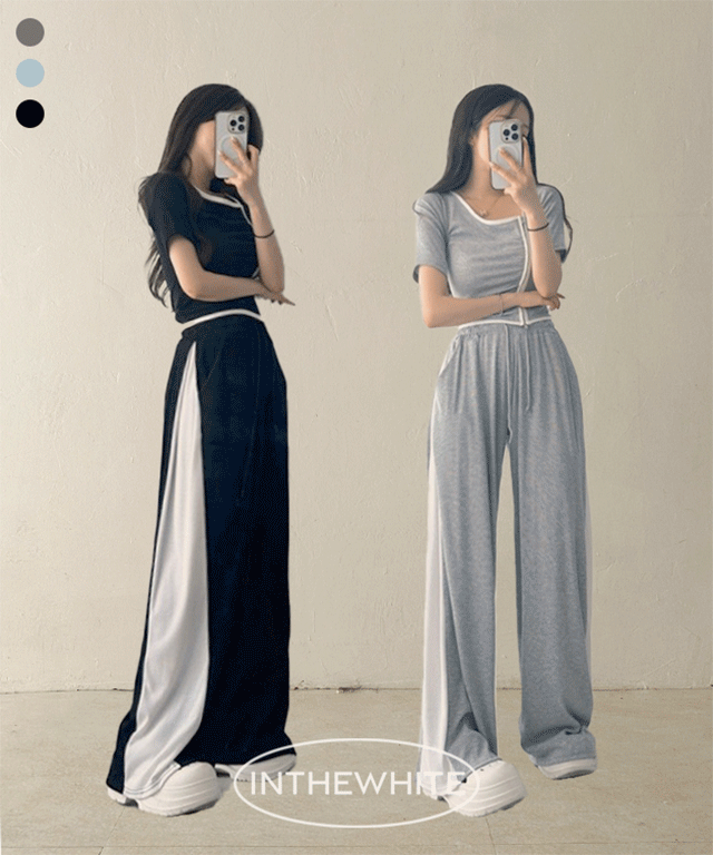 섹시글램집업set 배색 라인 사선 반팔 집업 하이웨스트 와이드팬츠 골지 트레이닝 세트 투피스 상하의 셋업 여름 레이온 찰랑찰랑 유니크 투웨이 지퍼 반팔티셔츠 에이블리