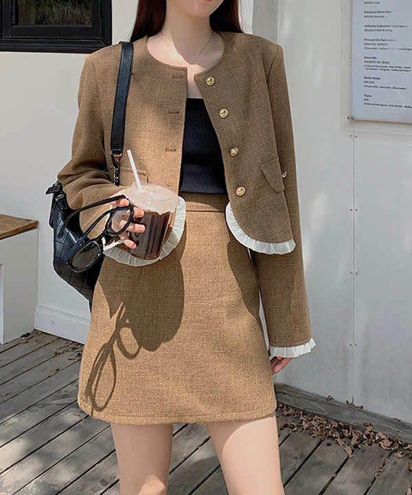 블랙 Xl 오늘출발 자켓 스커트 투피스 라운드넥 긴팔 긴소매 프릴 일자핏 골드 싱글버튼 멜란지 숏 자켓 And 하이웨스트 A라인 미니스커트 세트 셋업 세미정장