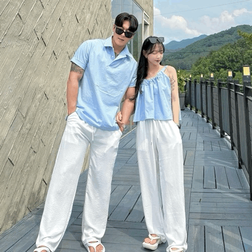 2사이즈세트가능 린넨 여름 커플룩 크롭 나시 블라우스 반팔 카라티 커플티 후들 여름 긴바지 밴딩 린넨 와이드팬츠 프릴나시 커플 시밀러룩 코디 세트 꾸안꾸 세트 오버핏 셔링