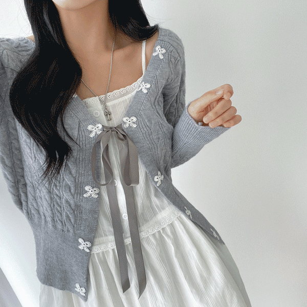 [기획] 모스카토꽈배기리본CD(2c) 리본가디건 꽈배기가디건 오픈가디건 브이넥 가을 간절기 발레코어 로맨틱 - 에이블리