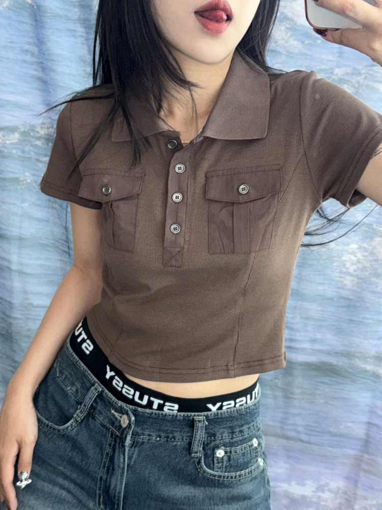 y2k 더 데이크 버튼 포켓 포인트 카라 하프 티셔츠(4color/3-5일 여유주문) - 에이블리