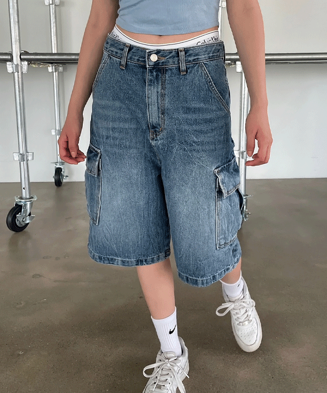 [unisex] 카고 데님 청 워싱 버뮤다 반바지 팬츠 2color 에이블리