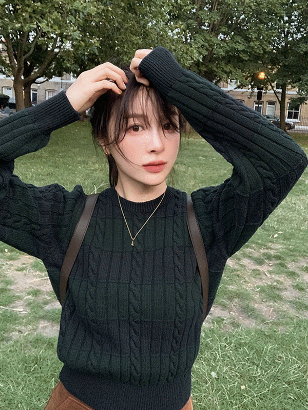 [라운드넥/케이블] 포터 캐시라이크 배색니트 - 2 color (SLOWMADE/데일리룩/꽈배기니트/개강룩/클래식) - 에이블리