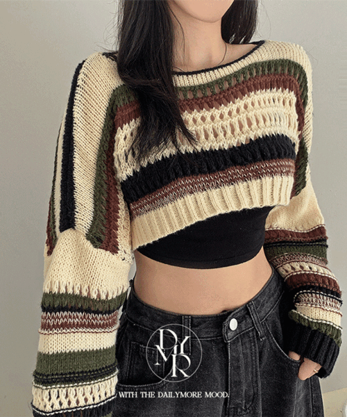 [y2k/3color] 가을 빈티지 단가라 펀칭 레이어드 긴팔 크롭 니트 - 에이블리